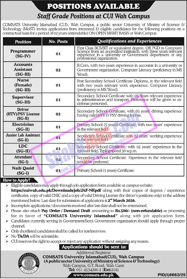 COMSATS University CUI Jobs 2026 Apply Online