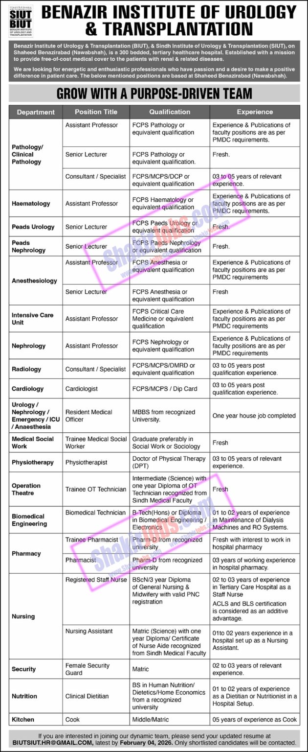 Sindh Institute of Urology and Transplantation SIUT Jobs 2026 Apply Online